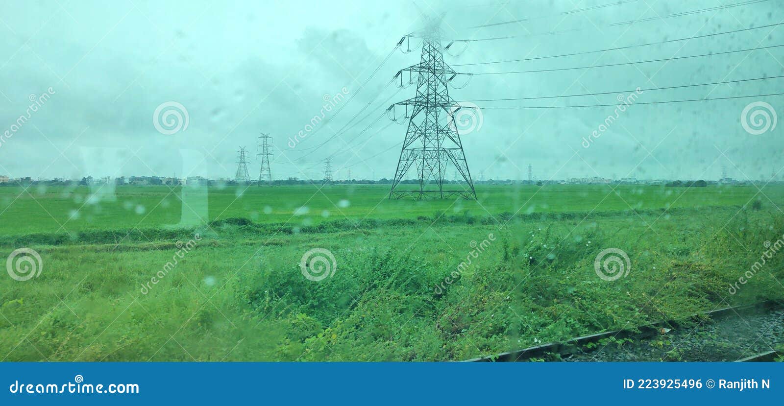 A Power Grid View through Window during Rain Stock Photo - Image of ...