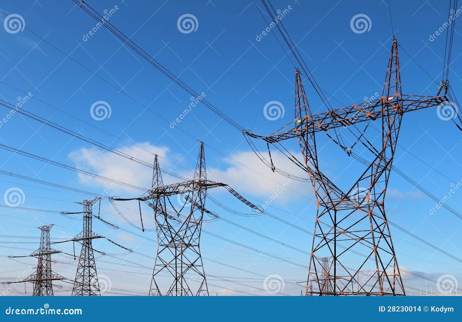 Power High Voltage Tower Over Blue Sky Stock Photo - Image of evening ...
