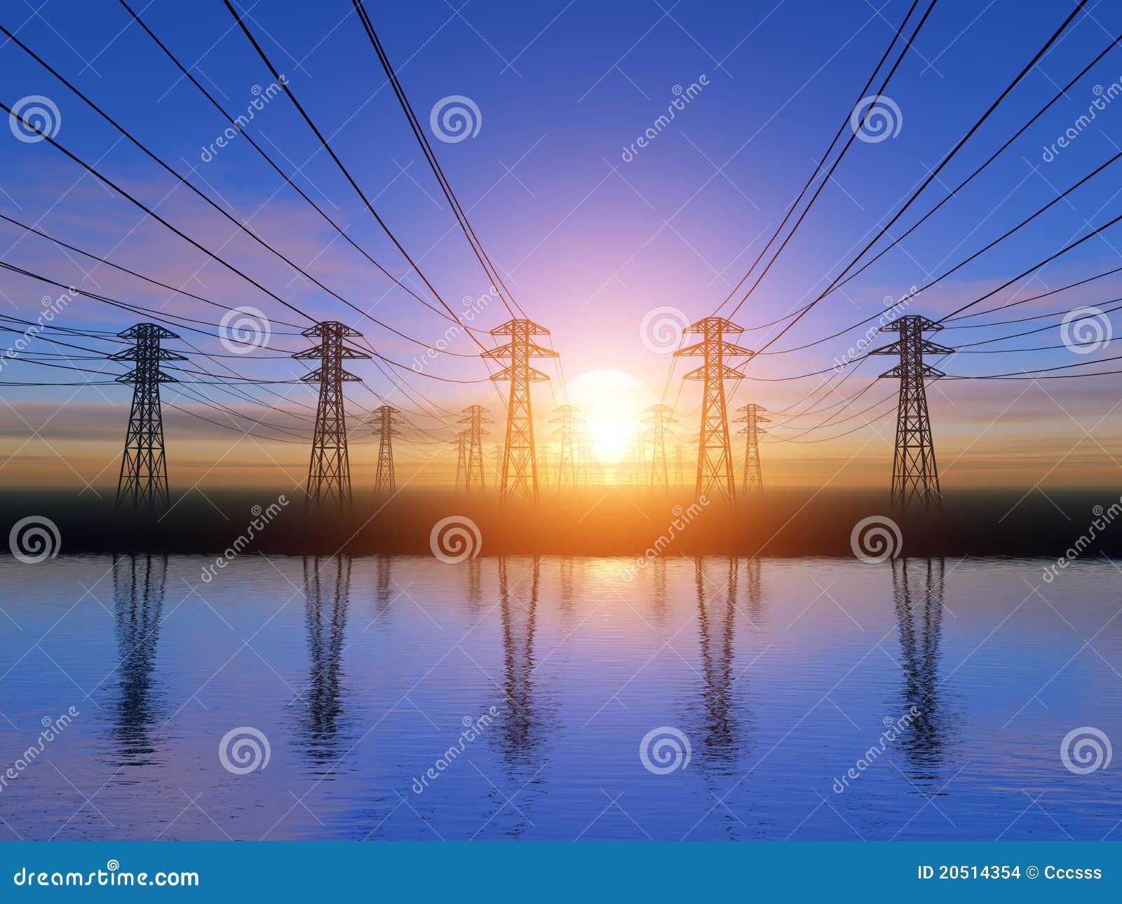 Power line stock illustration. Illustration of sunset - 20514354