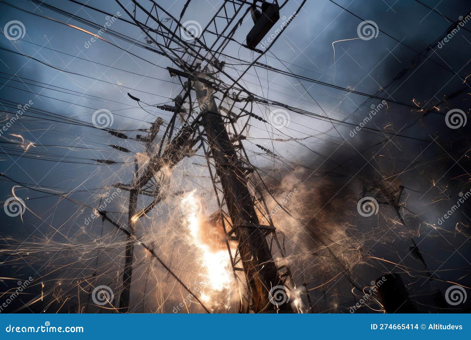 Power Line Breakage, with Broken Cables and Sparks Flying in the Air ...