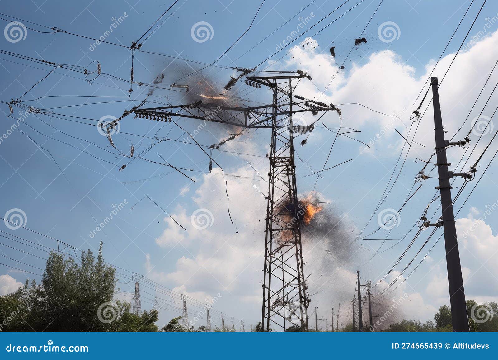 Power Line Breakage, with Broken Cables and Sparks Flying in the Air ...