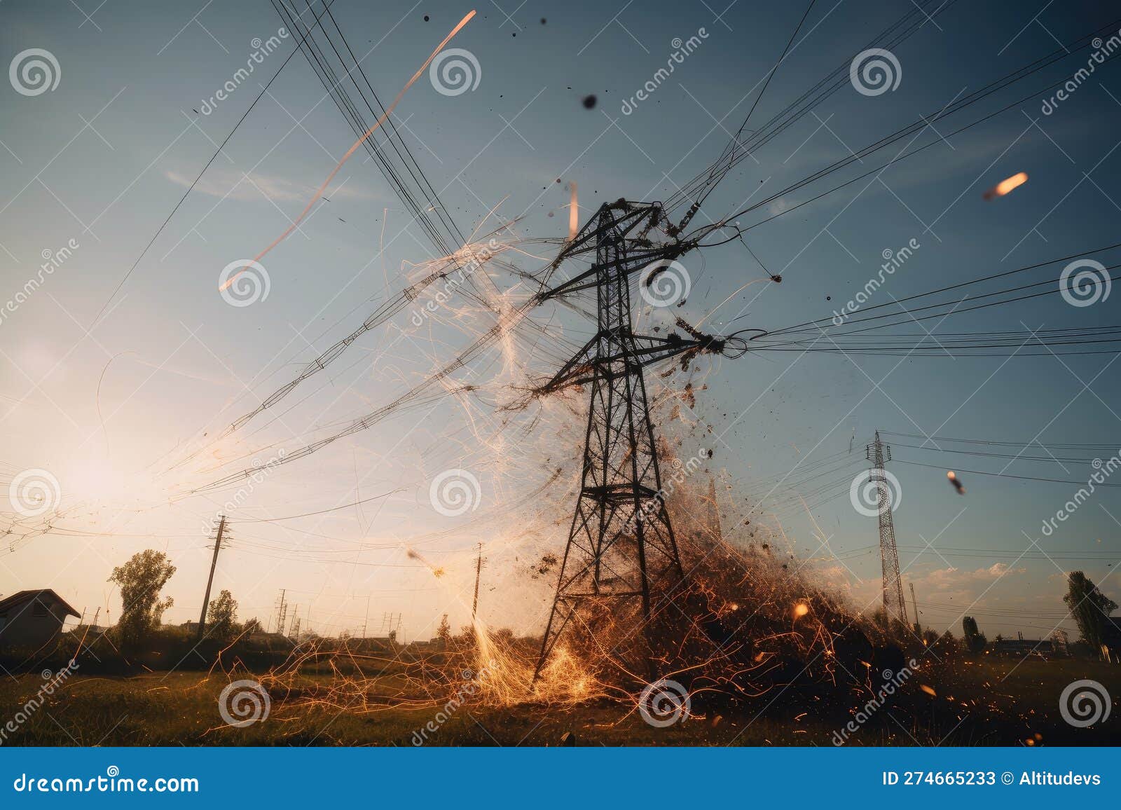 Power Line Breakage with Sparks Flying from Broken Wires Stock Image ...