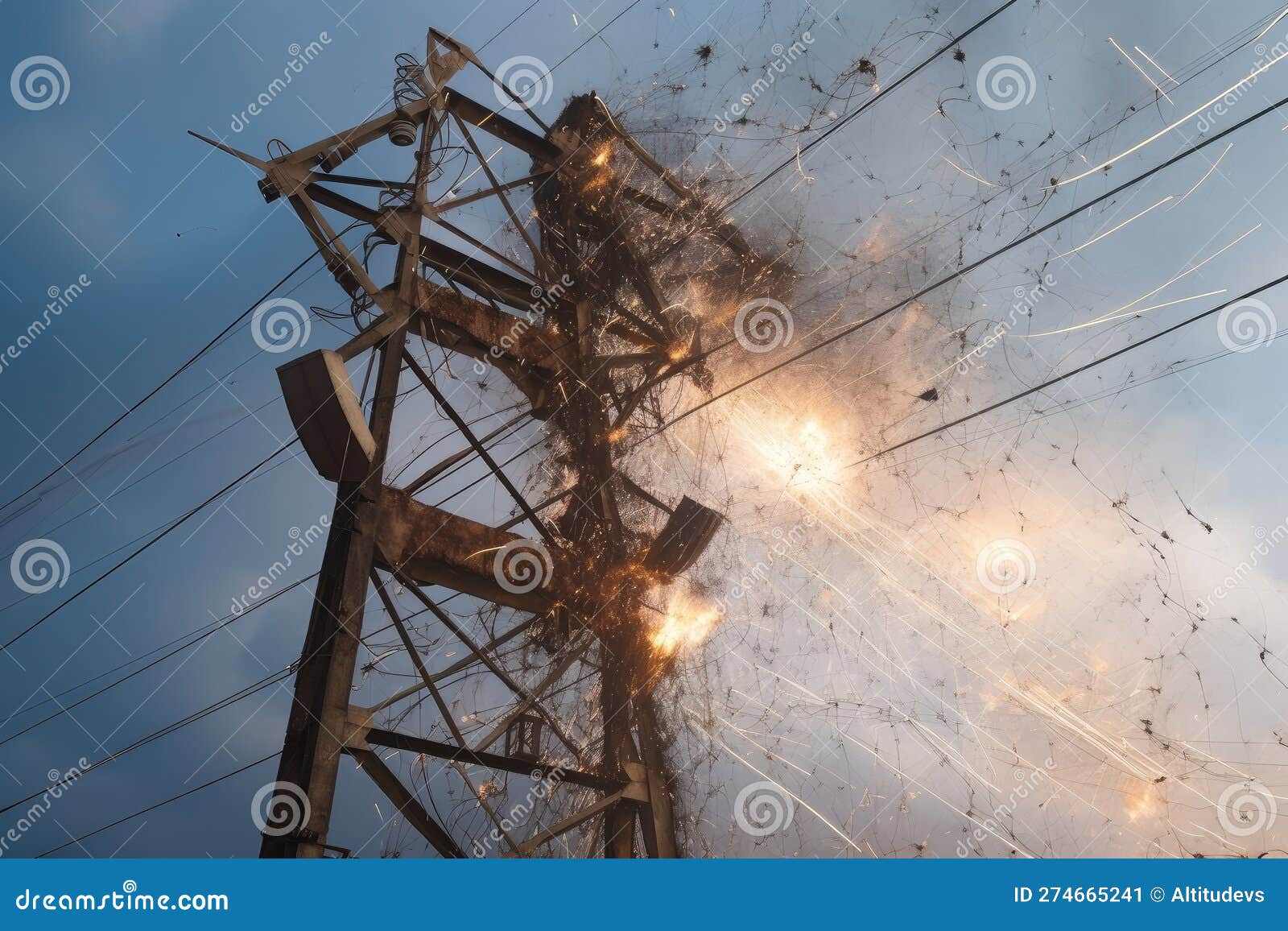 Power Line Breakage with Sparks Flying from Broken Wires Stock ...