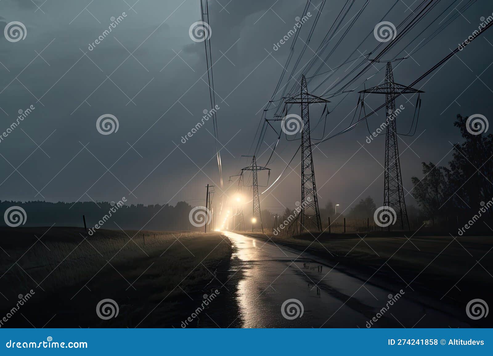 Power Line Breakage during Storm with Lightning in the Background Stock ...