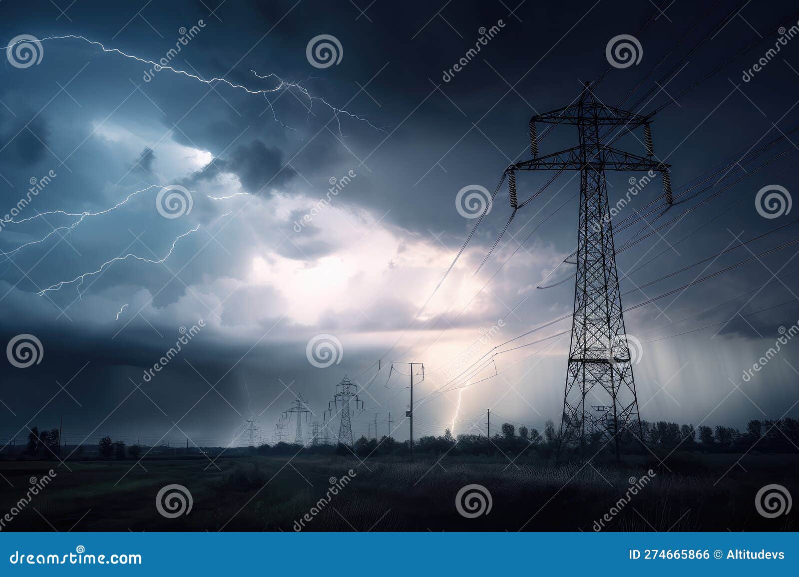 Power Line Breakage, with View of Stormy Sky and Lightning Stock Photo ...