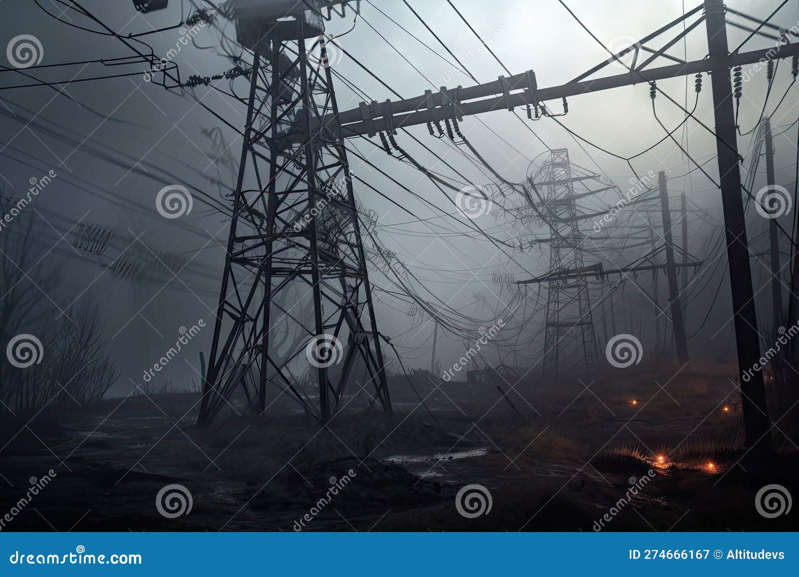 Power Line With Broken Insulators And Electrical Sparks Flying In ...