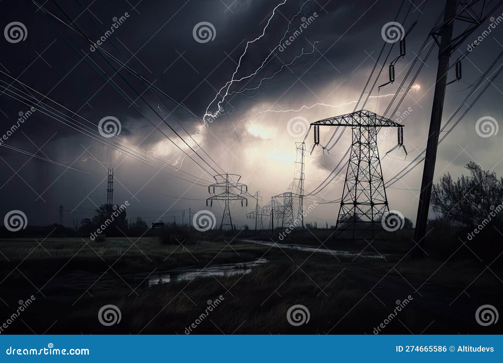 Power Line Broken in Storm, with Lightning Striking Nearby Stock ...