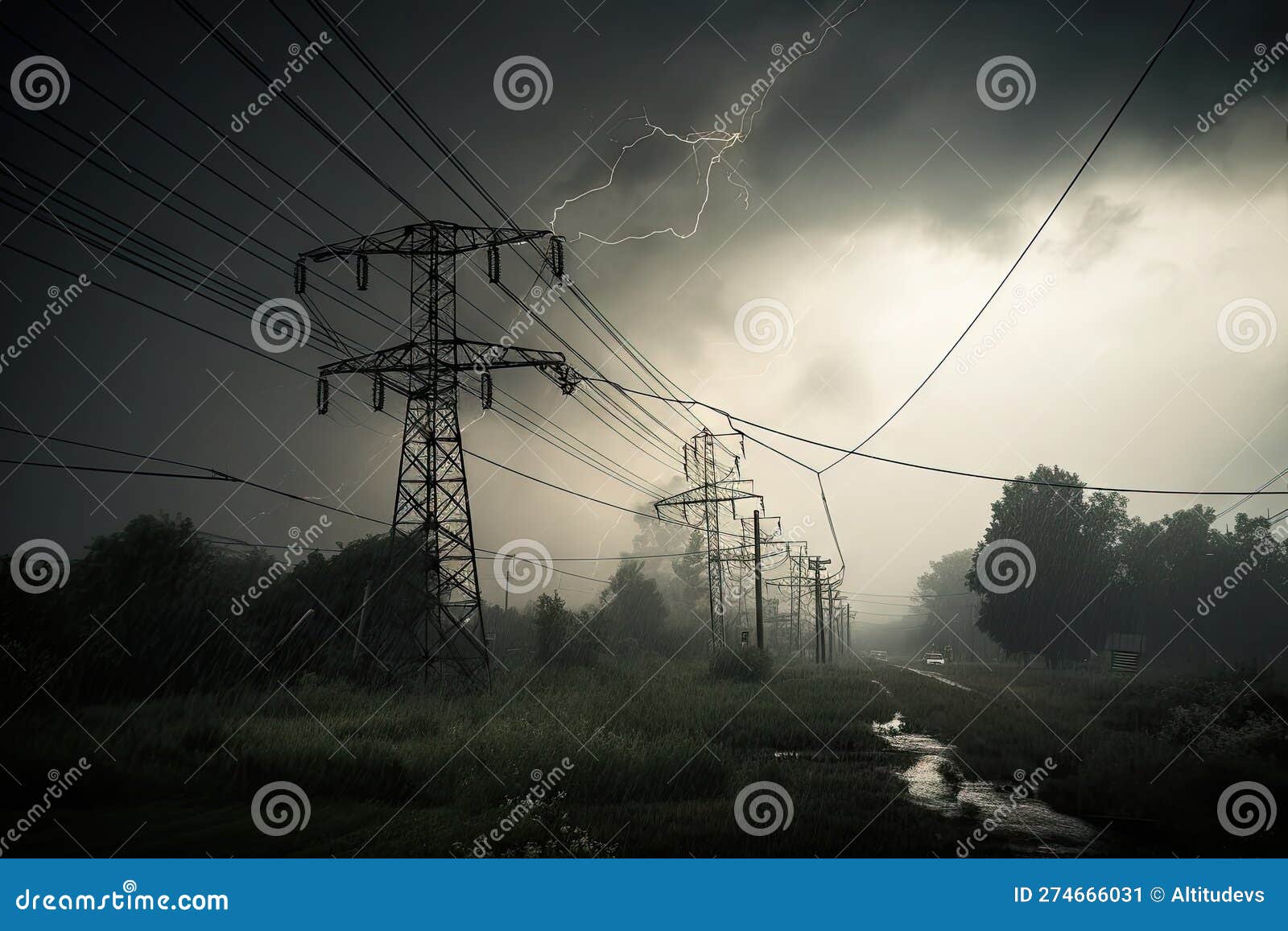 Power Line Broken in Storm, with Lightning Striking Nearby Stock ...