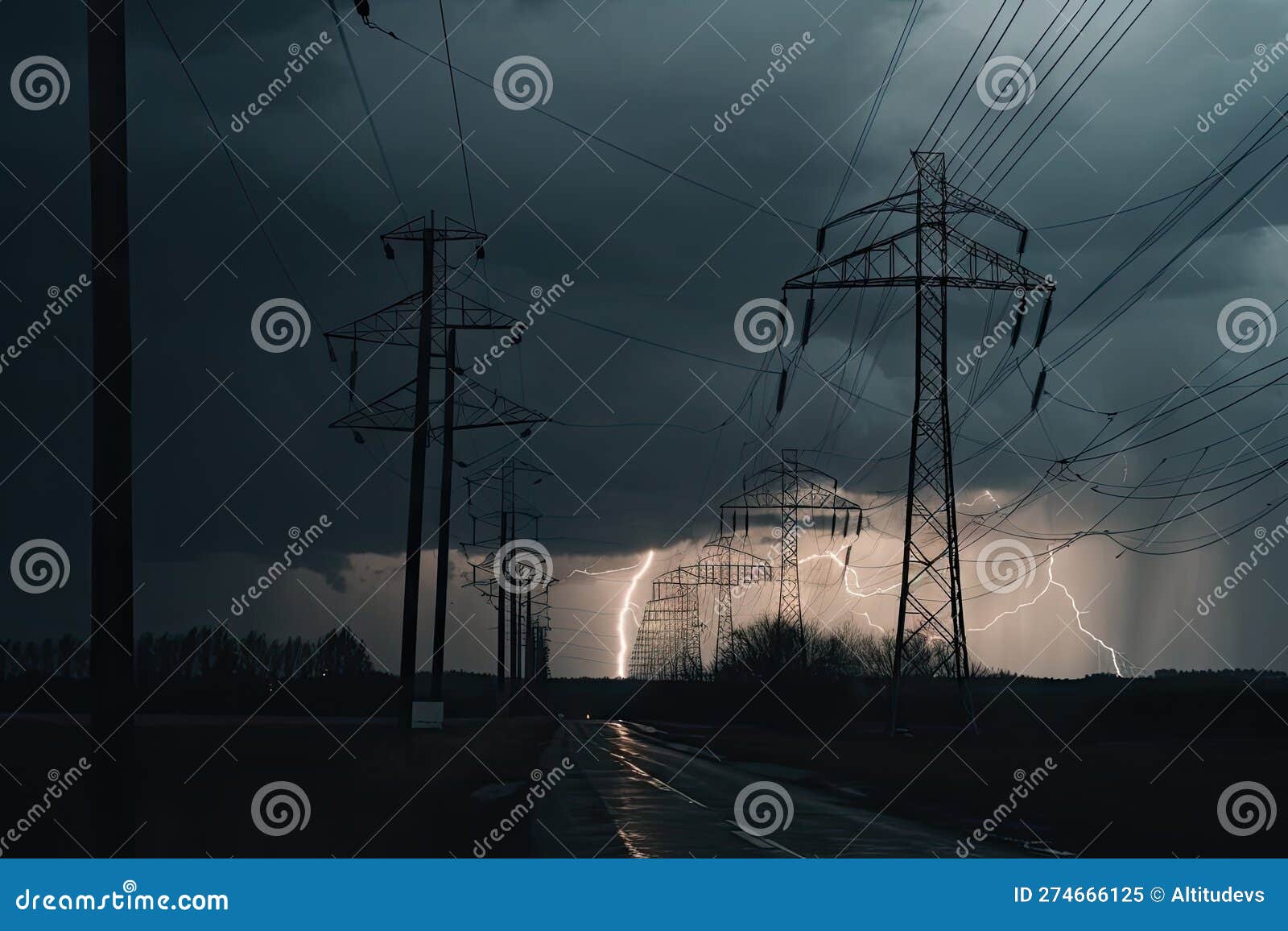 Power Line Broken in Stormy Weather, with Flashes of Lightning and ...