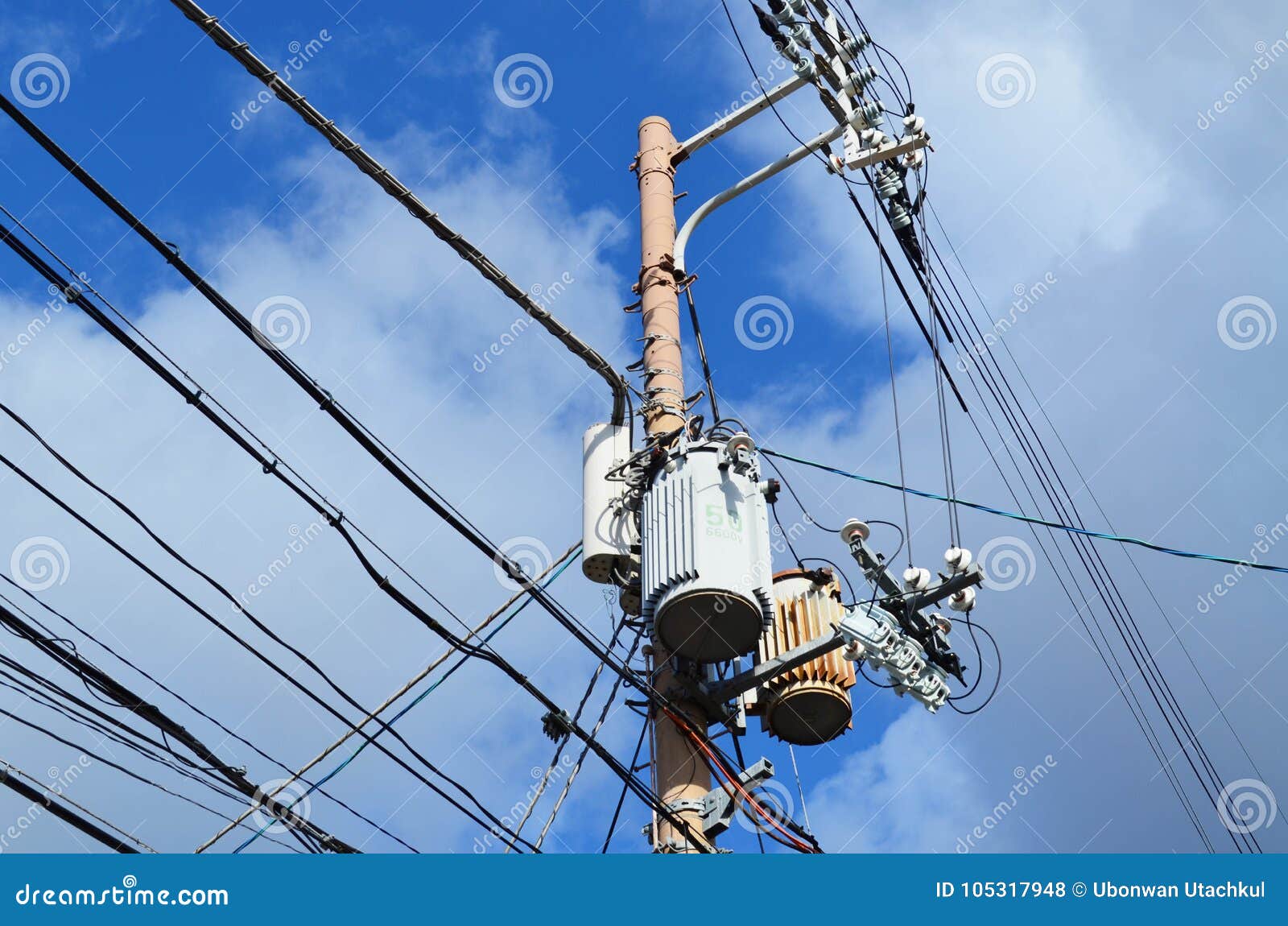 Power Line Cable and Transformer - Cloudy Sky Stock Photo - Image of ...