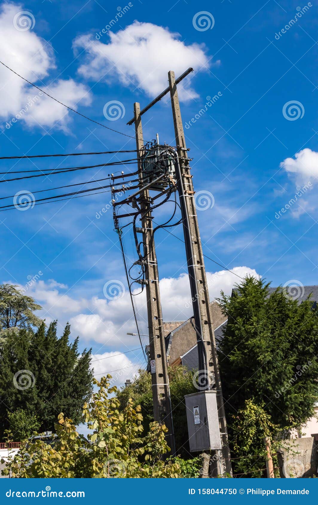 Power Line Concrete Pole End with Cables Falling Vertically. Power Line ...