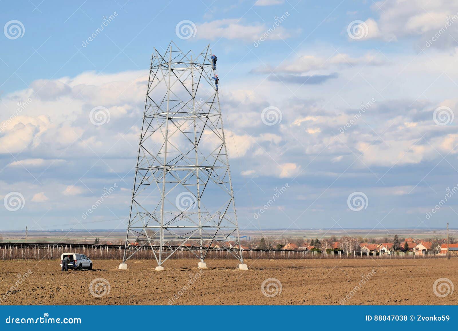 Power line construction stock photo. Image of installation - 88047038