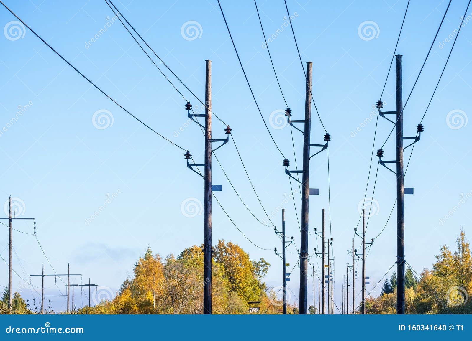Power Line Corridor with Many Power Line Posts Stock Photo - Image of ...