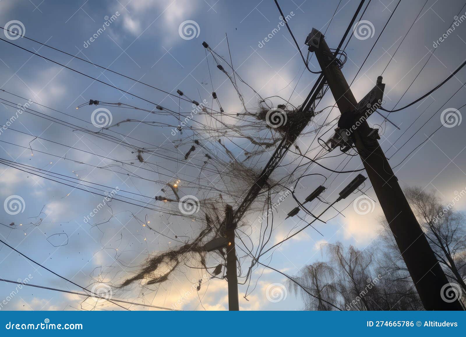 Power Line Hanging Down and Sparking, with Broken Wires Dangling Stock ...