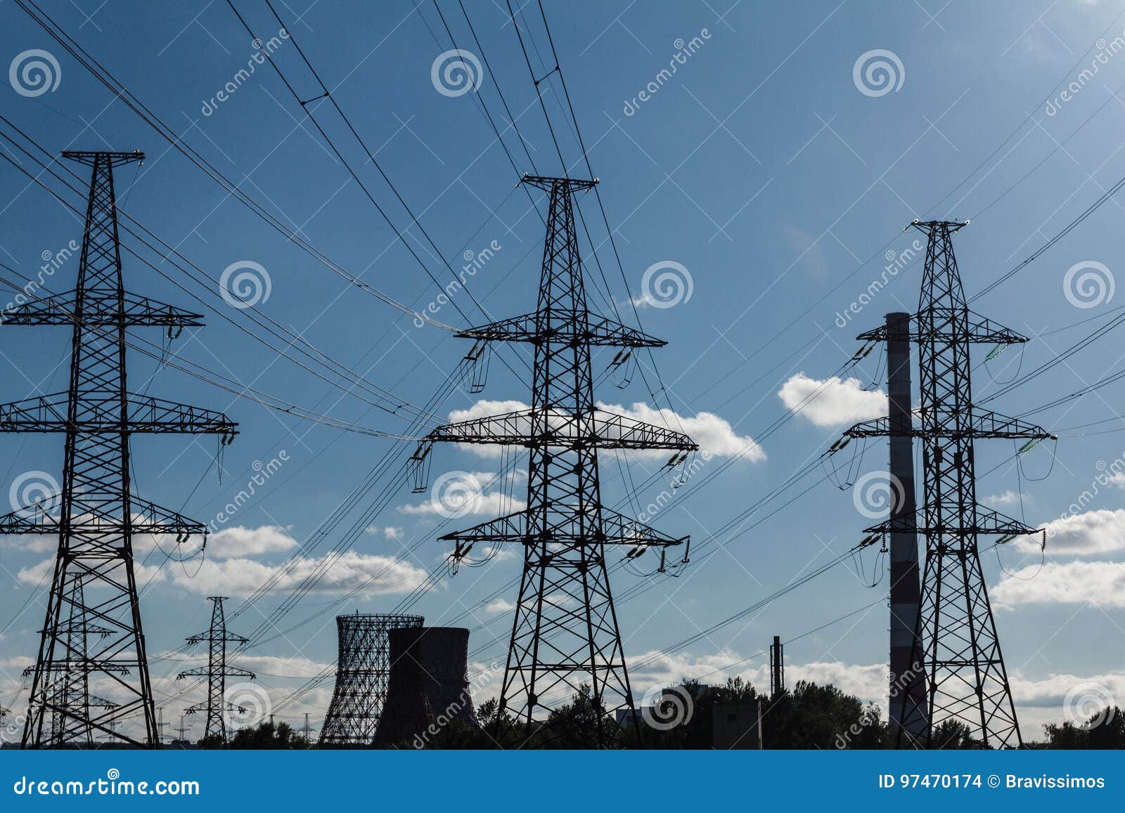 Power line landscape. stock photo. Image of tower, station - 97470174