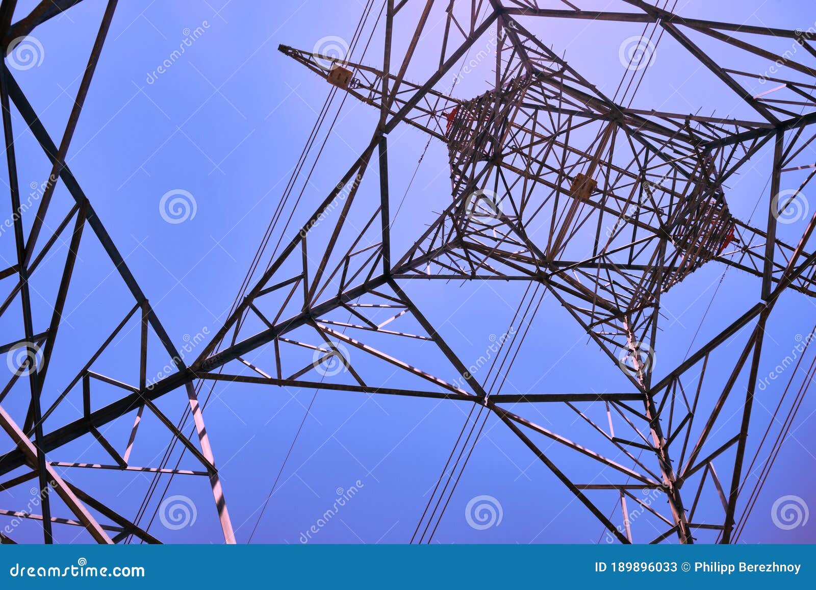 Power Line Metal Pylon with High Voltage Cables Bottom Up View Stock ...