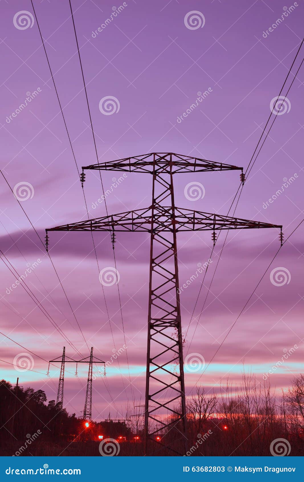 Power line at night stock image. Image of sunrise, orange - 63682803