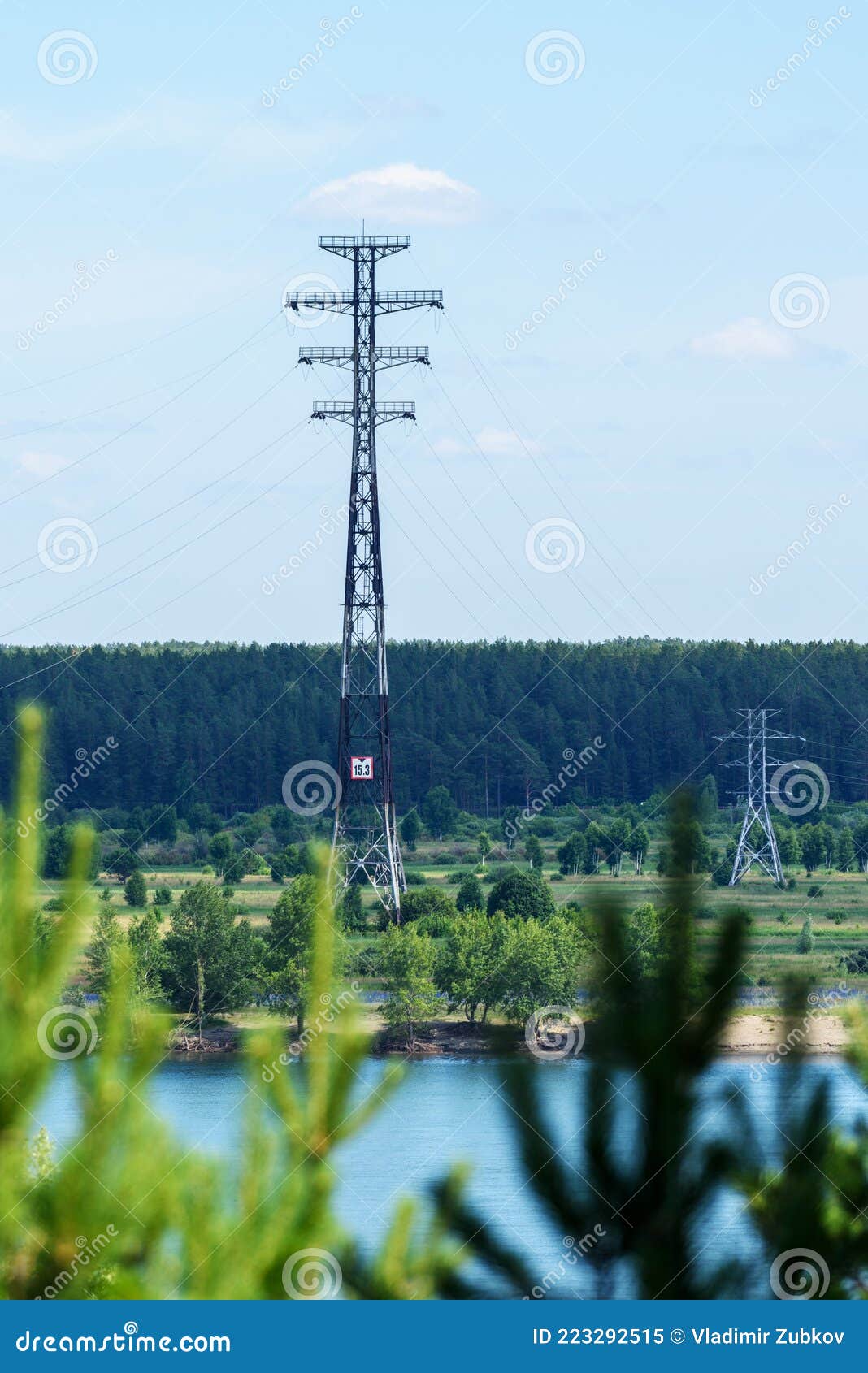The Power Line Passes through the River and the Forest Stock Image ...