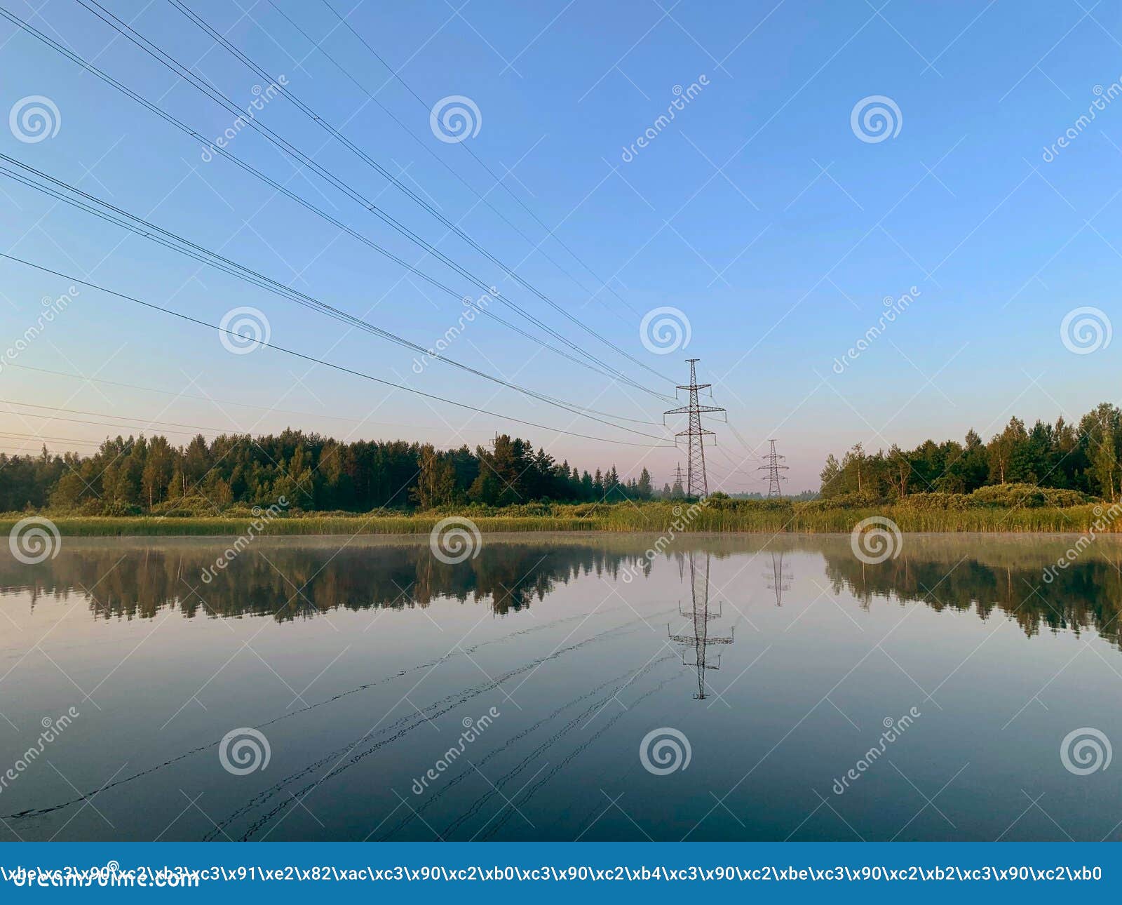 A Power Line Passing Over the Water. Stock Image - Image of pond, cloud ...