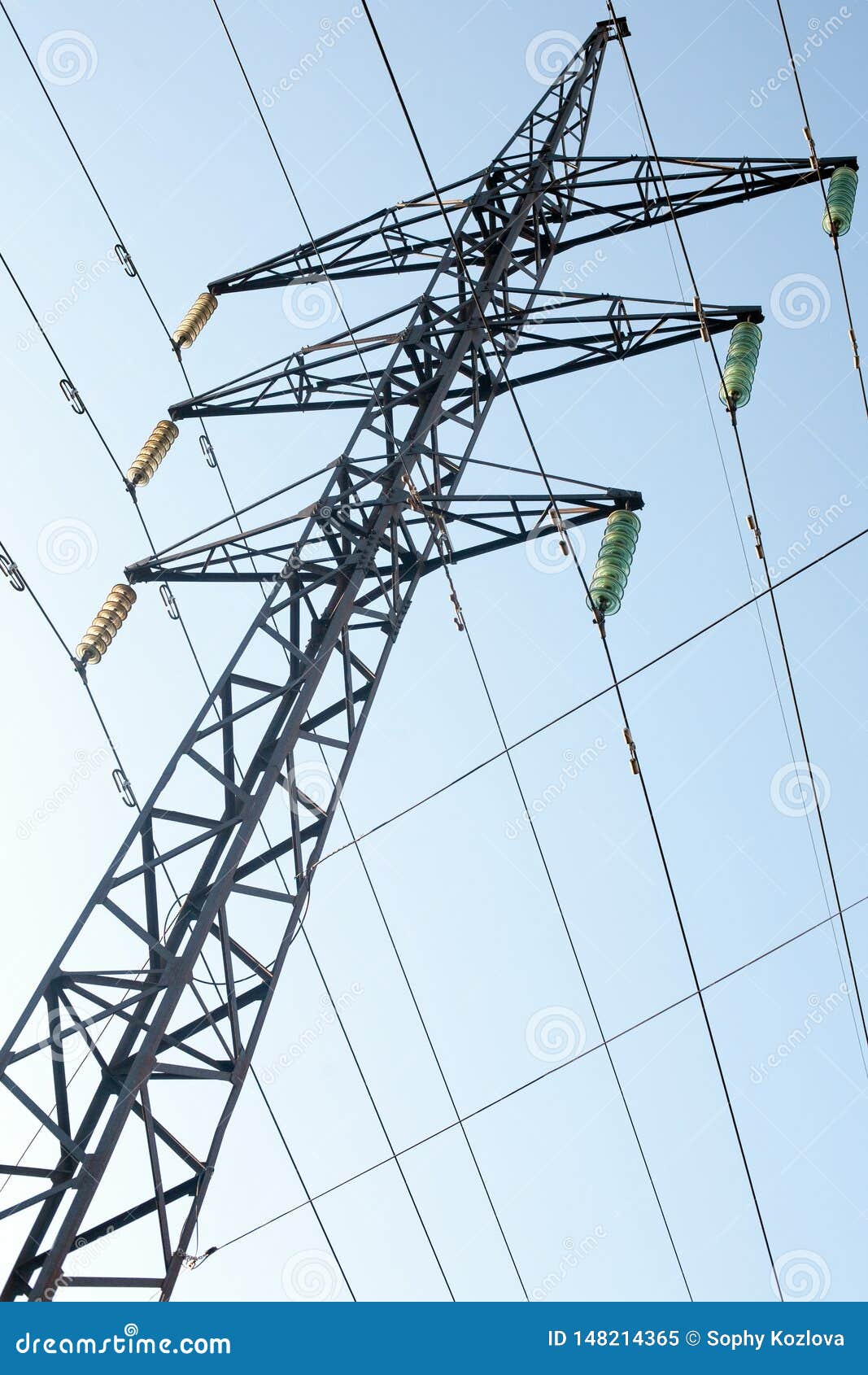 Power Line Pole with Cables and Wire Black Silhouette on Blue Sky ...