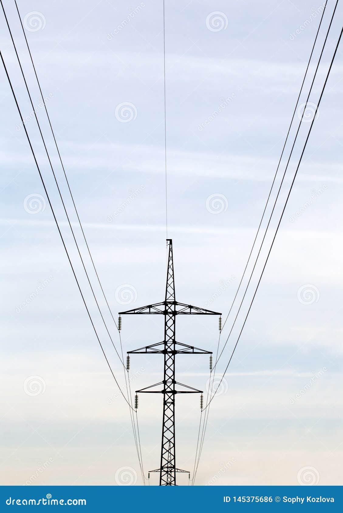 Power Line Pole with Cables and Wire Black Silhouette on Sky Background ...