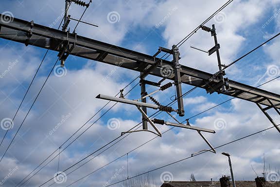 Electric Train Power Line with a Pole in the Middle Stock Photo - Image ...