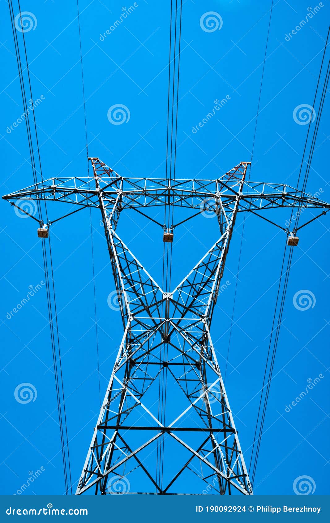 Power Line Pylon with High Voltage Wires Bottom Up View Opposite Sky ...