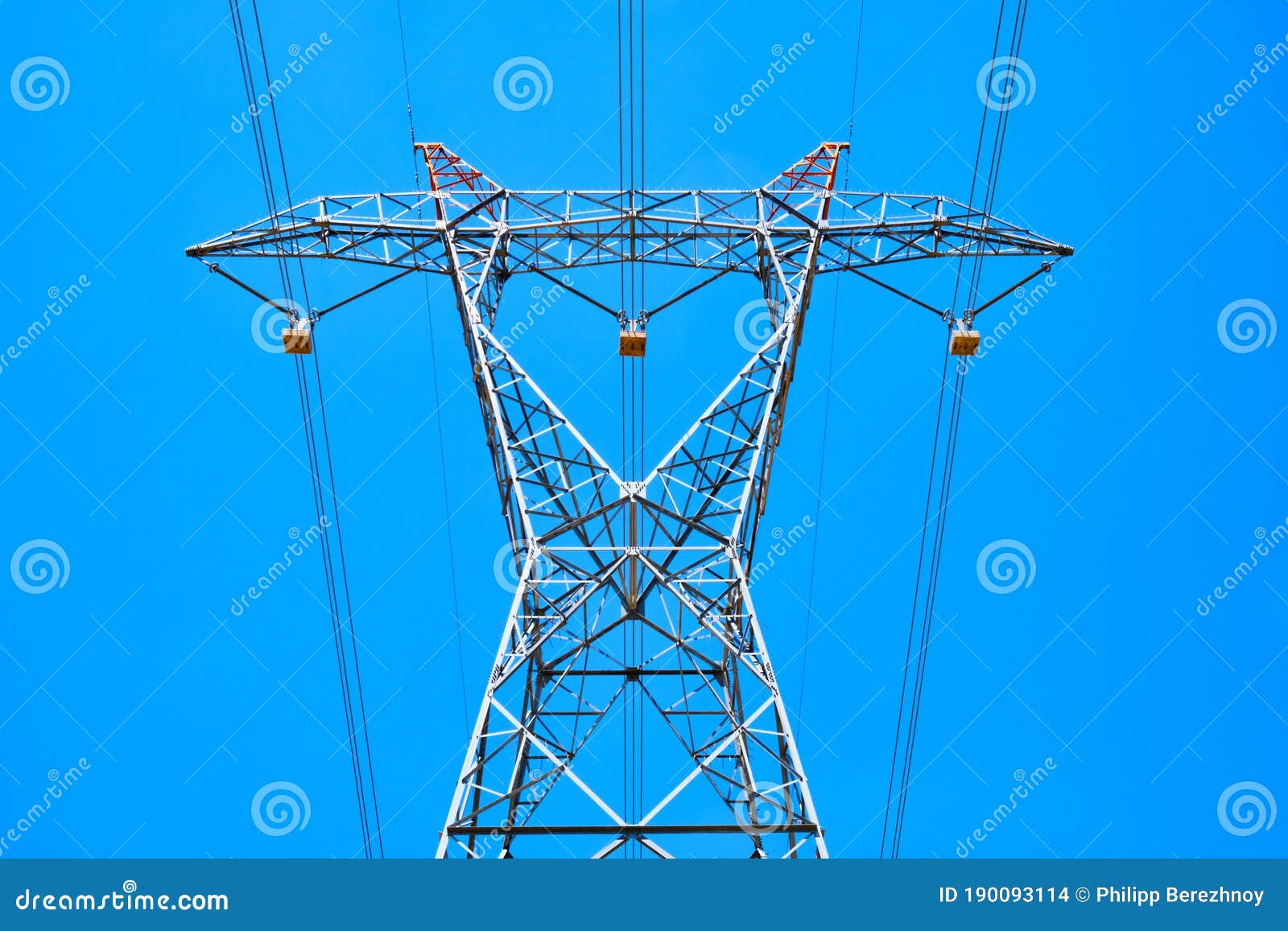 Power Line Pylon with High Voltage Wires Bottom Up View Opposite Sky ...
