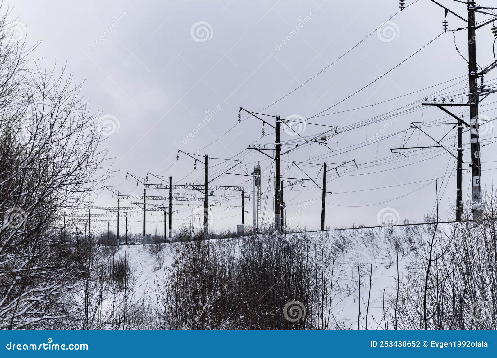 Power Line on the Railroad. Winter Landscape Stock Photo - Image of ...