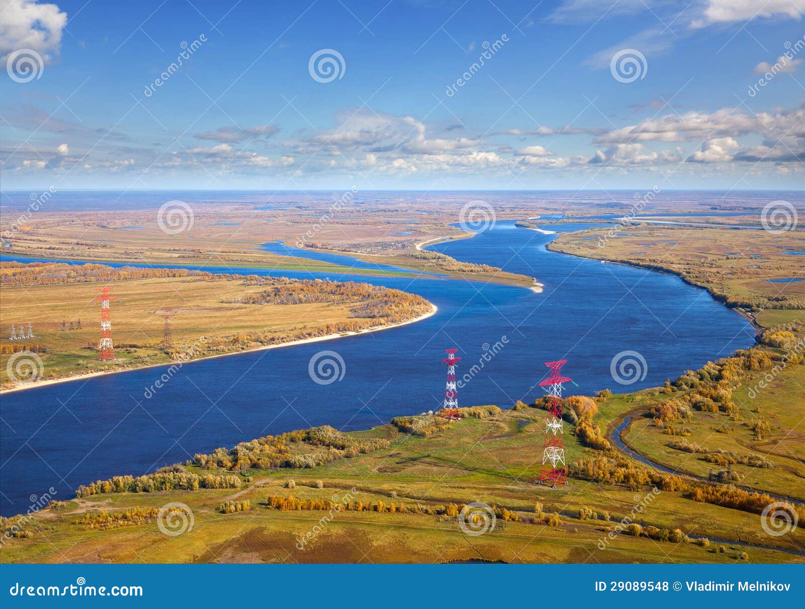 Power Line Runs Above the River Stock Photo - Image of nature, grass ...
