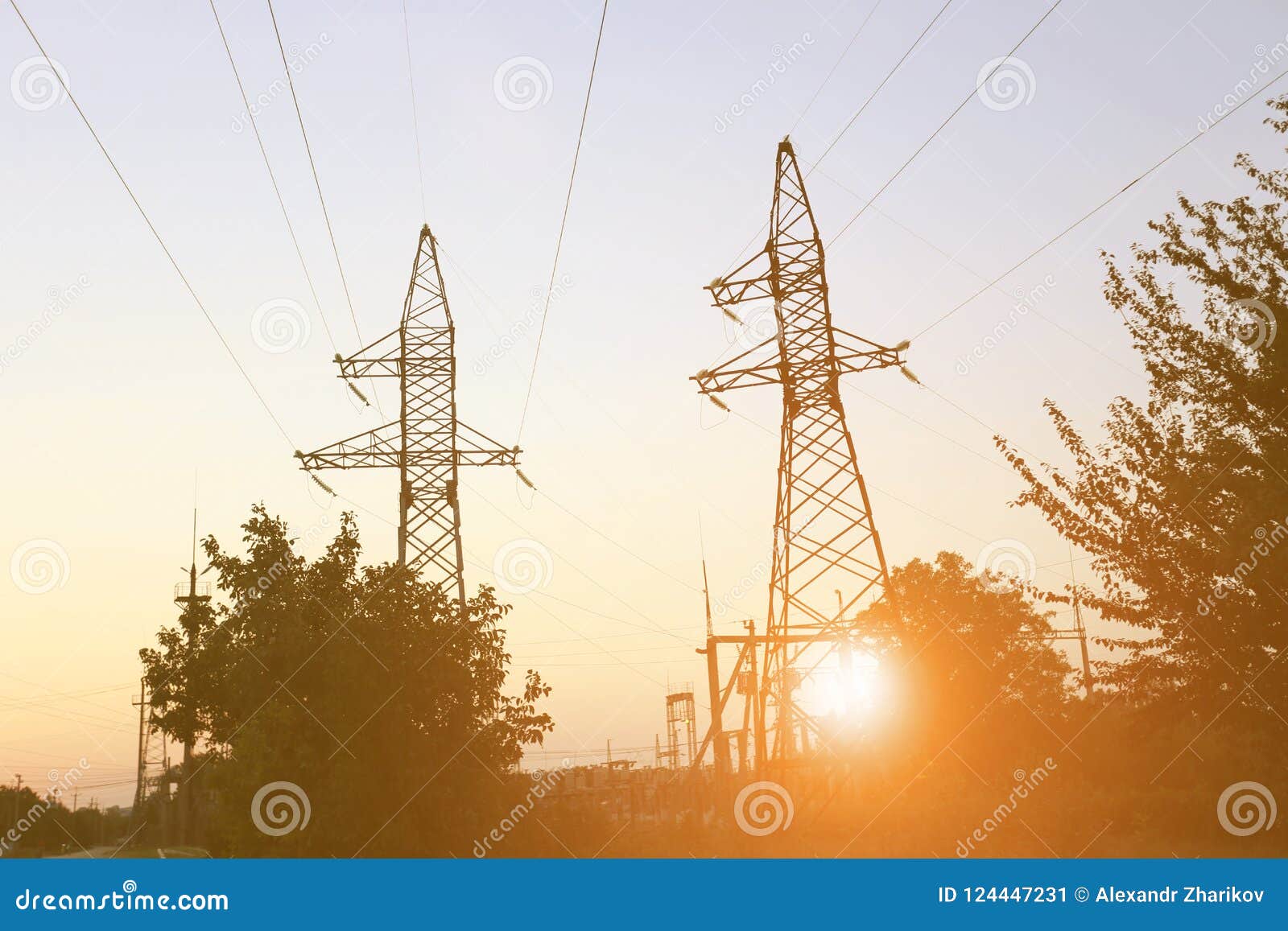 Power line at sunset stock image. Image of orange, generator - 124447231