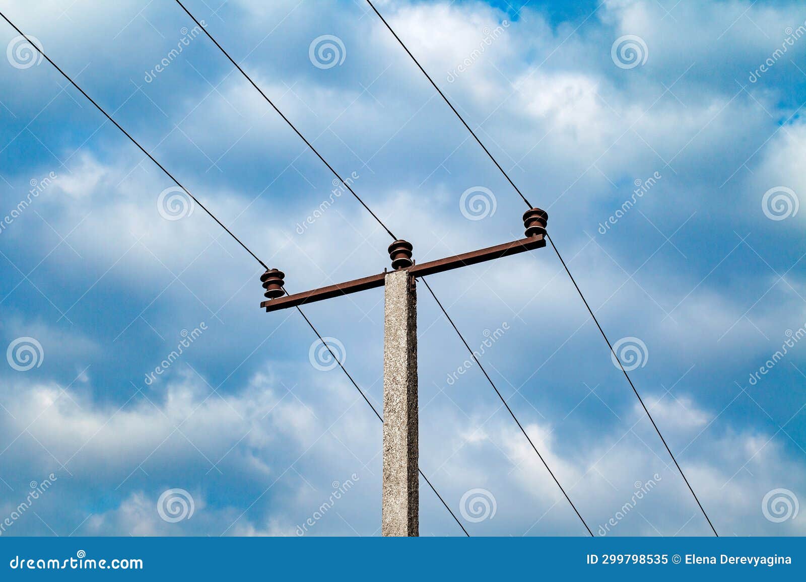 Power Line Support Pole Concrete with High Voltage Wires and Insulators ...