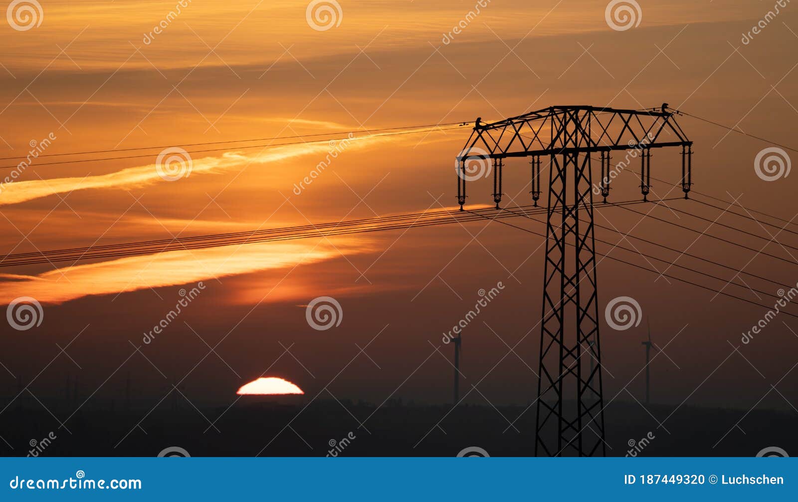 Power Line and Wind Generator at Early Morning Stock Photo - Image of ...