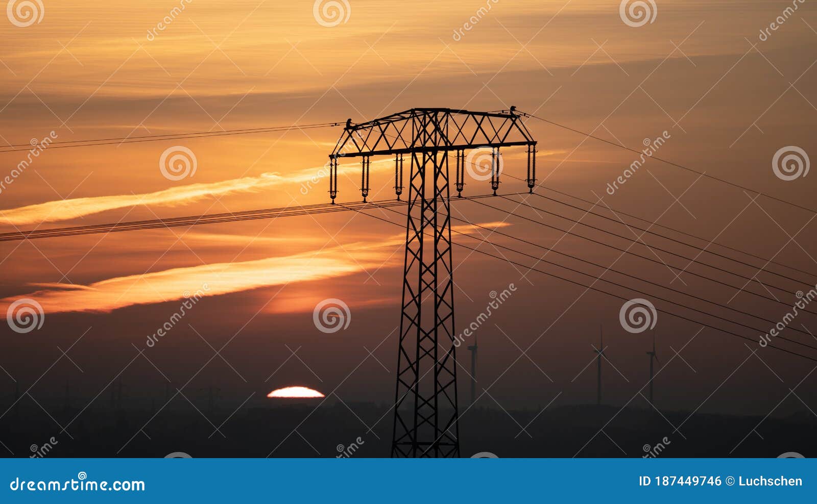 Power Line and Wind Generator at Early Morning Stock Photo - Image of ...