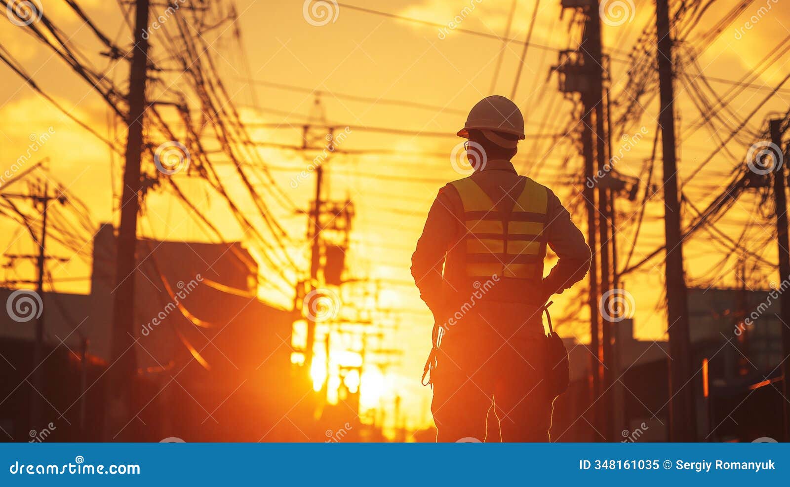 Power Line Worker at Sunset Overseeing Electrical Infrastructure and ...