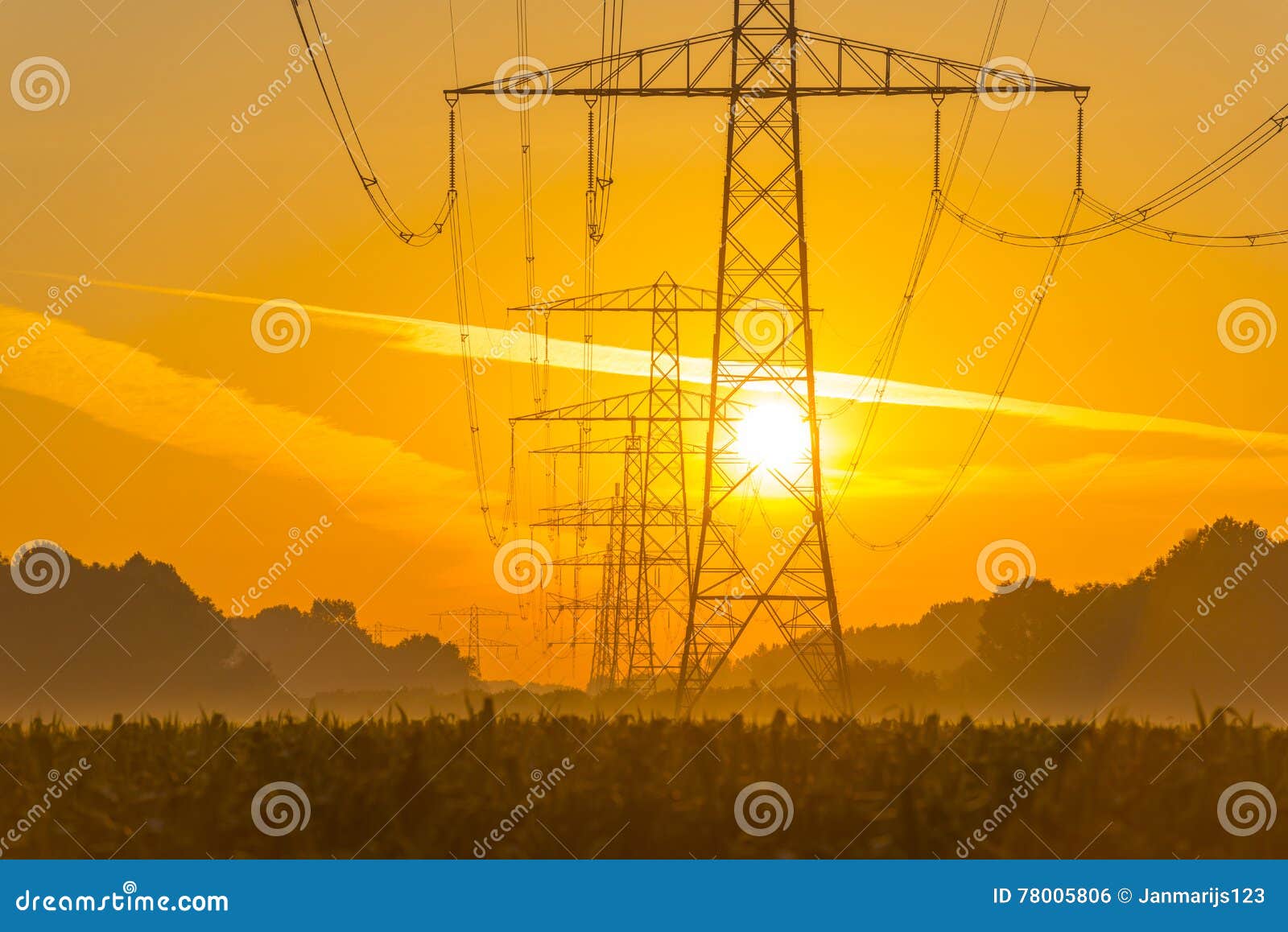 Power Line in a Yellow Sky at Sunrise Stock Photo - Image of ...