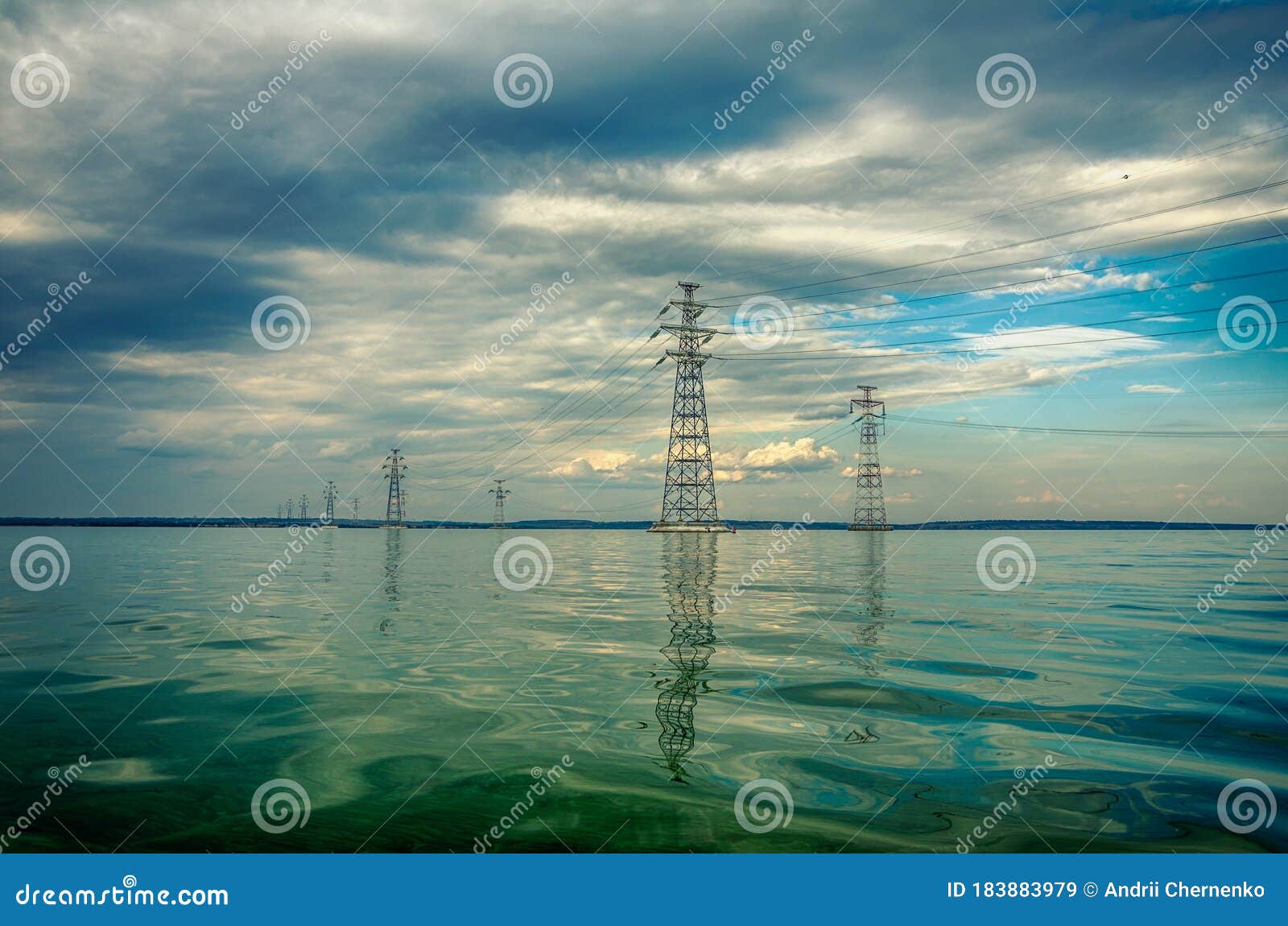 Power Lines Across the River Reflected in the Water Stock Image - Image ...