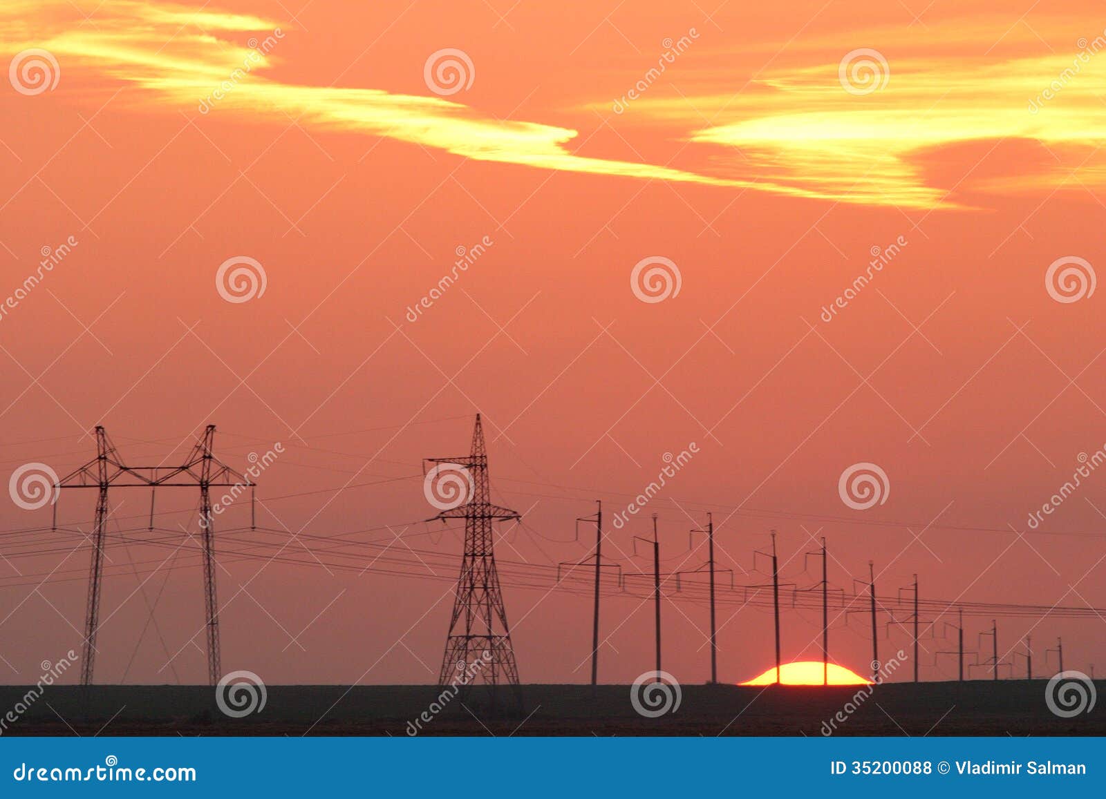 Power Lines Against the Background of a Beautiful Sunset Stock Photo ...