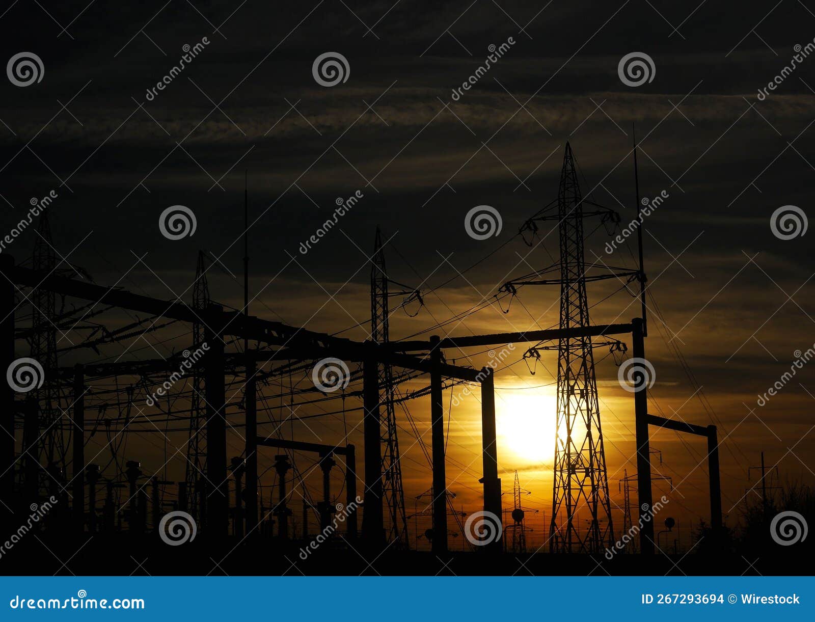 Power Lines Against Sunset Sky Stock Photo - Image of industrial, cable ...