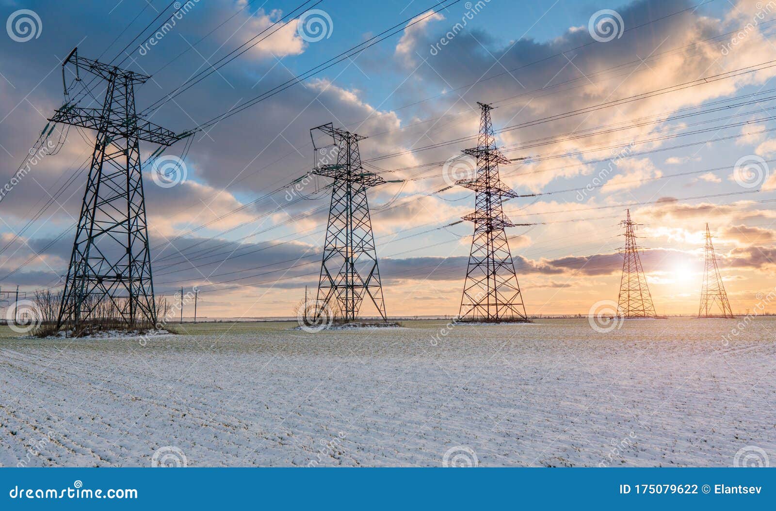 Power Lines during a Beautiful Winter Sunset Stock Photo - Image of ...
