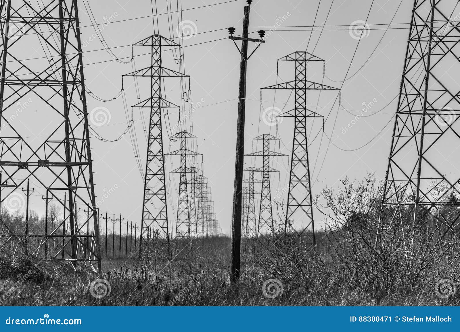 Power Lines in Black and White Stock Image - Image of pylon, cloud ...
