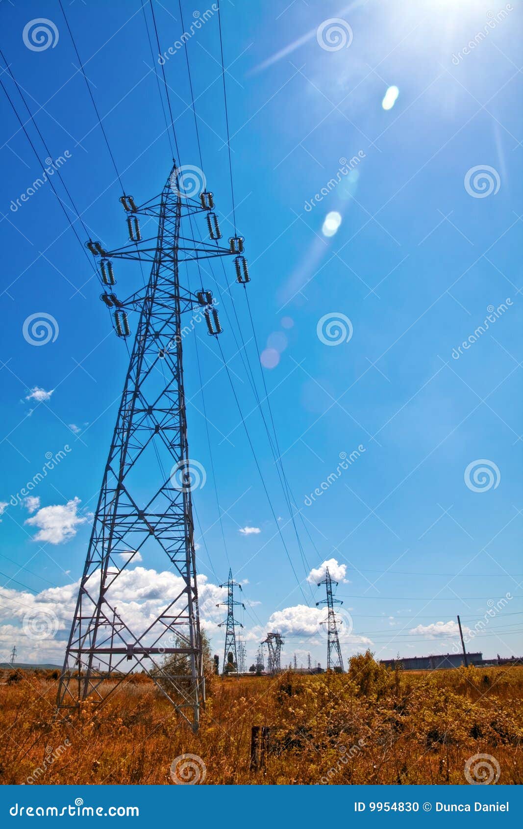 Power Lines, Blue Sky and Sun Light Stock Photo - Image of metal ...
