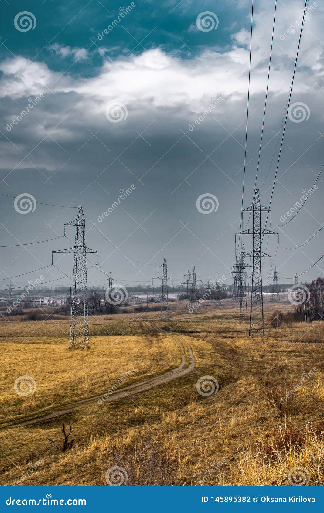 Power lines in a field stock photo. Image of energy - 145895382