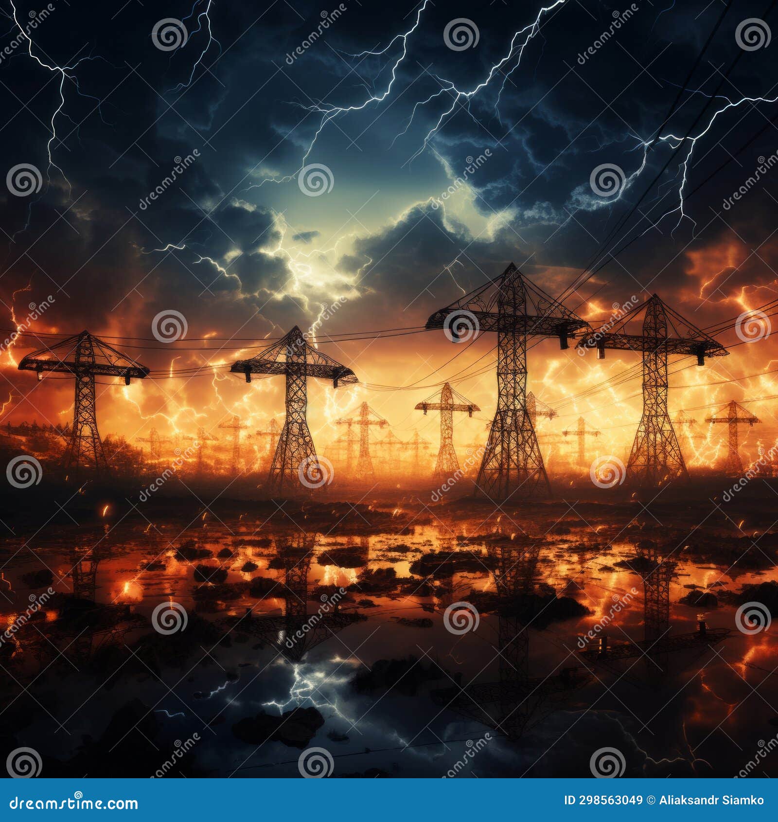 Power Lines in a Field with Lightning Stock Image - Image of cable ...
