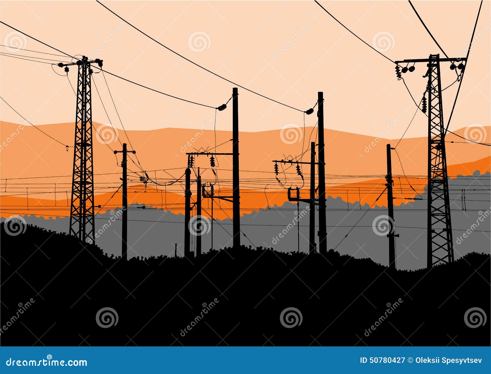 Vector Illustration of Power Lines, Towers and Pylons Black Silhouettes ...