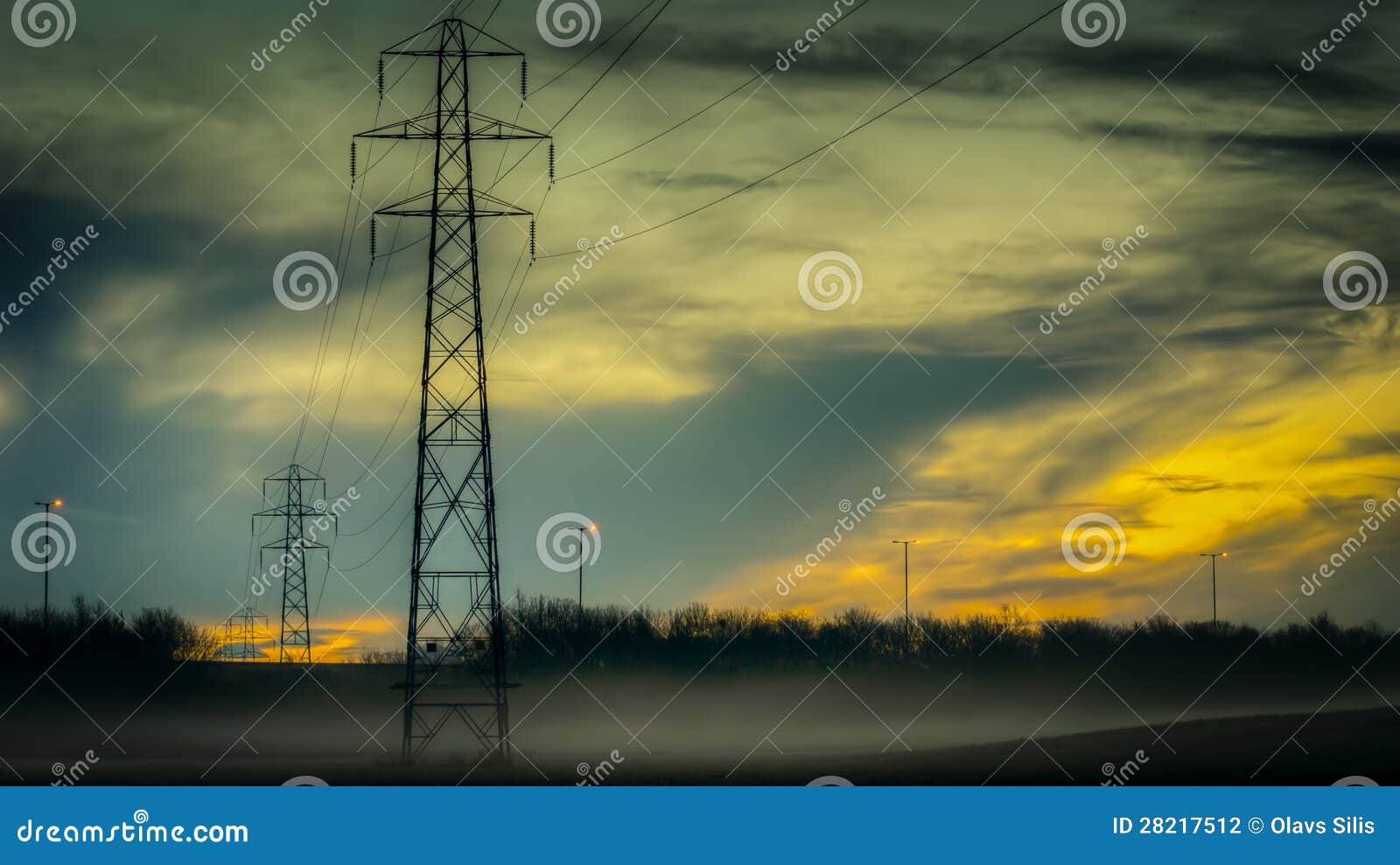 Power lines in the mist stock photo. Image of generator - 28217512