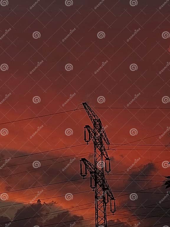 Power lines and red sunset stock photo. Image of darkness - 251446518