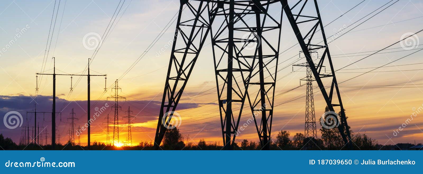 Power Lines at the Sunset Header Stock Photo - Image of industrial ...