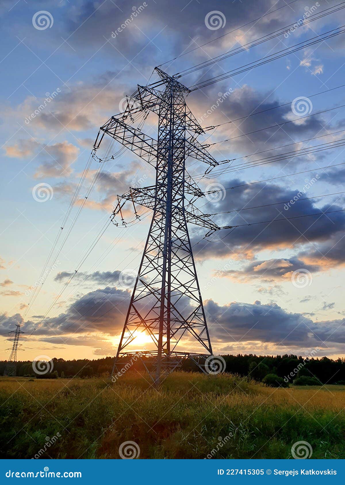 Power lines in the sunset stock image. Image of voltage - 227415305