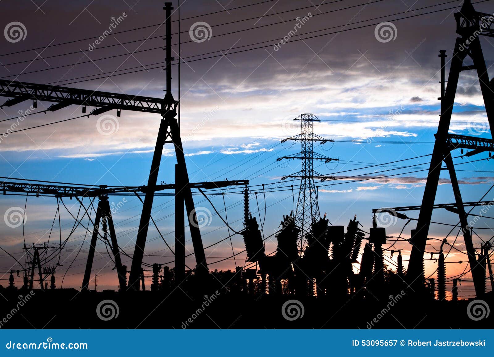 Power lines at sunset stock image. Image of pylon, distribution - 53095657
